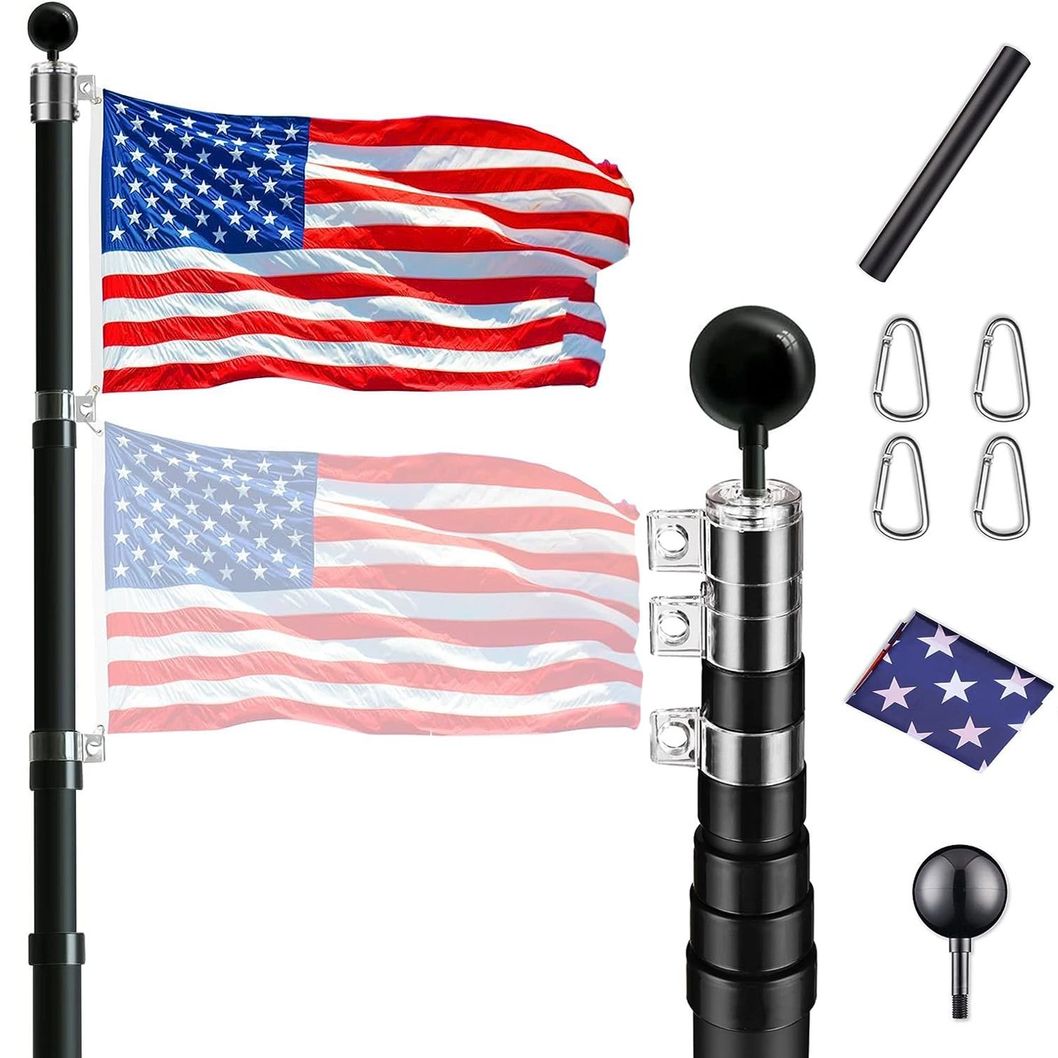 30 ft. Aluminum Telescopic Flag Pole Kit Flagpole 3'x5' US Flag & Ball ...